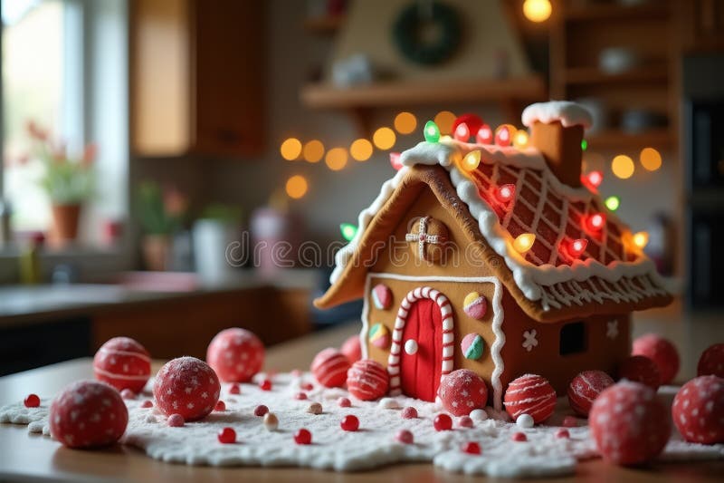 Festive Gingerbread House in Cozy Kitchen with Colorful Lights. AI ...