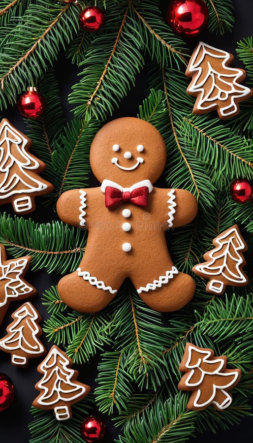 Festive Gingerbread Man with Icing Decor on Pine Branches and Red ...