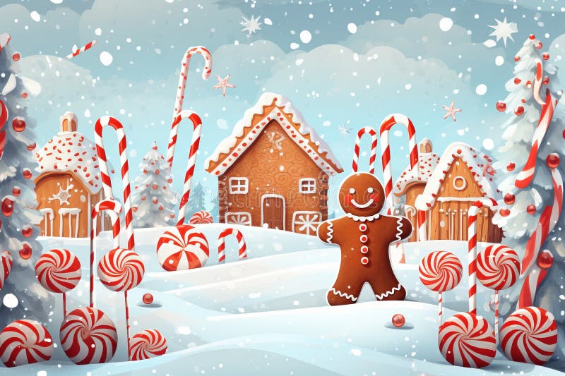 Festive Gingerbread Man Surrounded by Candy Canes Stock Illustration ...