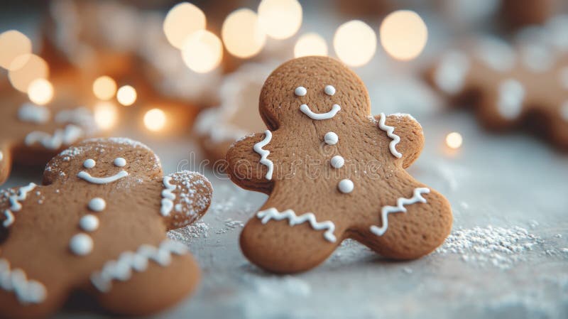 Festive Gingerbread Men Cookies Christmas Lights Background Stock ...