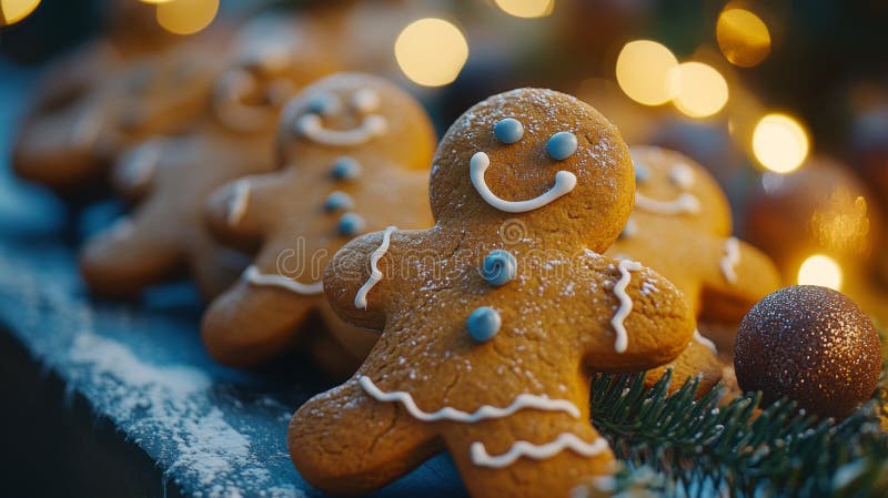 Festive Gingerbread Men Cookies Christmas Lights Background Stock ...