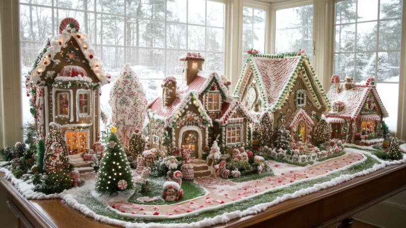 A Festive Gingerbread Village Displayed on a Table by a Window Stock ...
