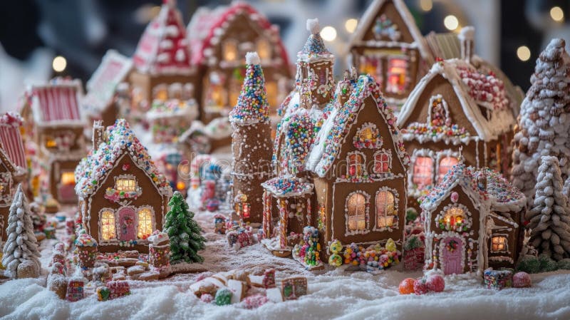 A Festive Gingerbread Village with Glowing Windows Stock Illustration ...