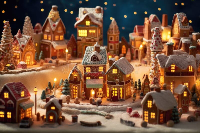 Festive Gingerbread Village Scene with Twinkling Lights Stock ...