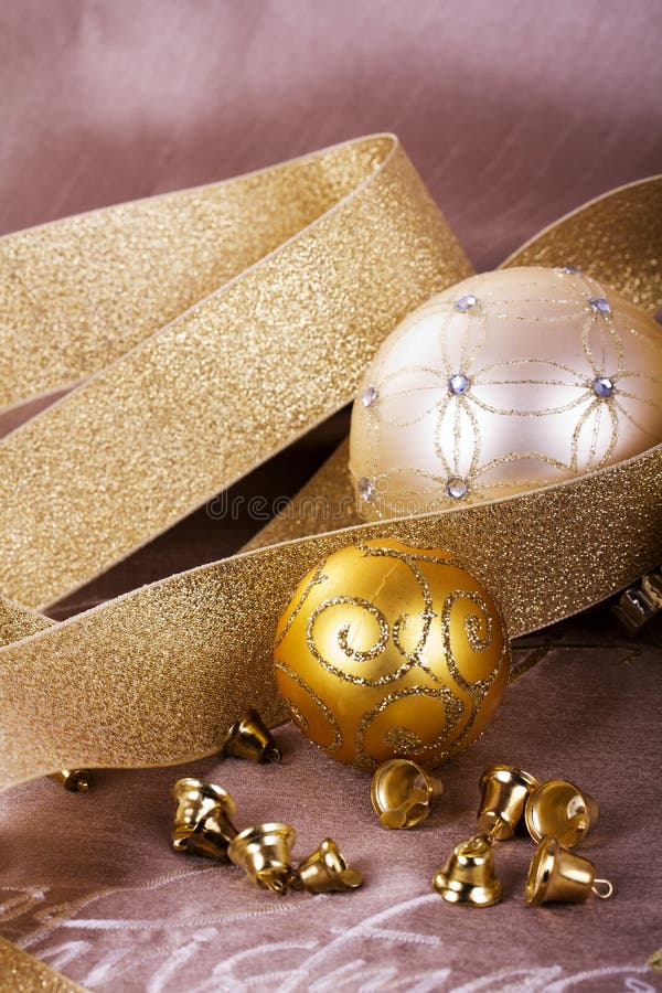 Festive Gold Christmas Decorations on Fabric Background Stock Image ...