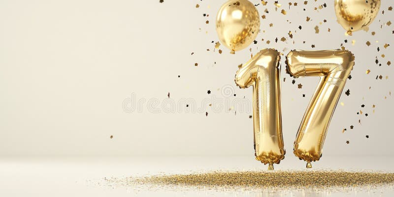 Festive Gold Number 17 Balloon Celebration with Confetti Stock ...