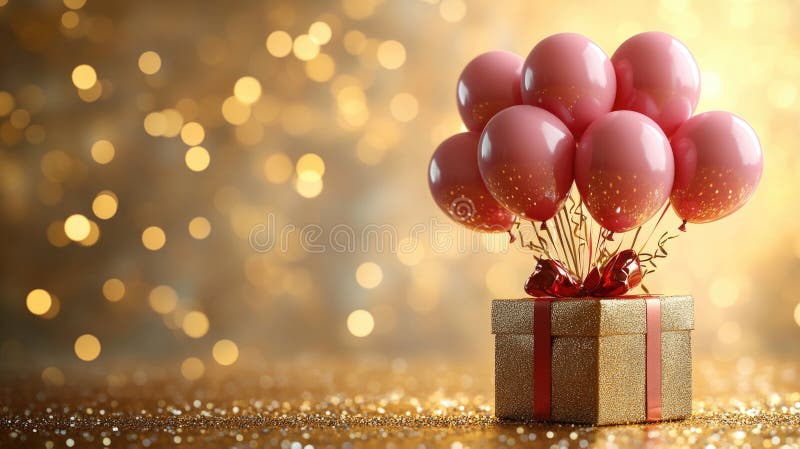 Festive Gold and Pink Balloon Gift Box Celebration Stock Image - Image ...