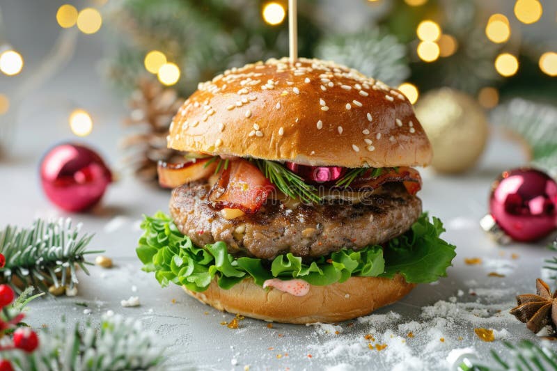 Festive Gourmet Burger with Christmas Background and Snowfall Stock ...