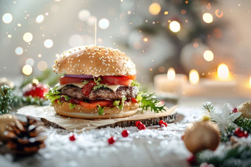 Festive Gourmet Burger with Christmas Background and Snowfall Stock ...