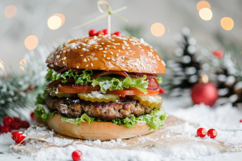 Festive Gourmet Burger with Christmas Background and Snowfall Stock ...