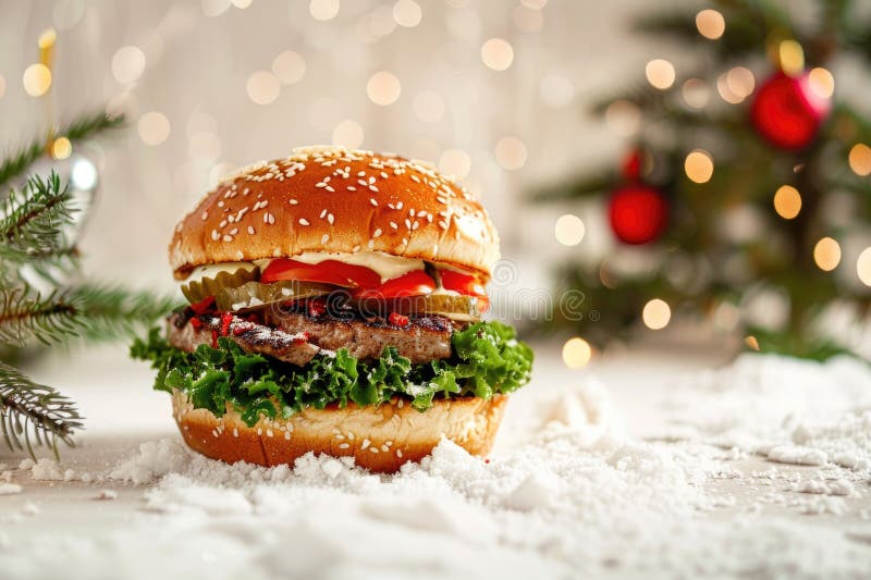 Festive Gourmet Burger with Christmas Background and Snowfall Stock ...