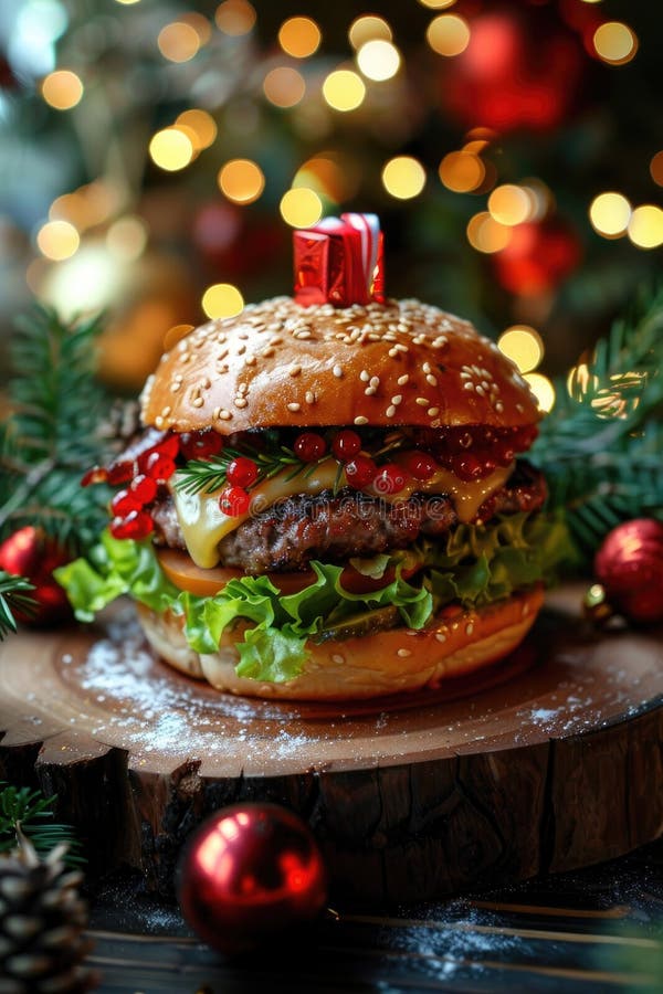 Festive Gourmet Burger with Holiday Decorations and Lights Stock Image ...