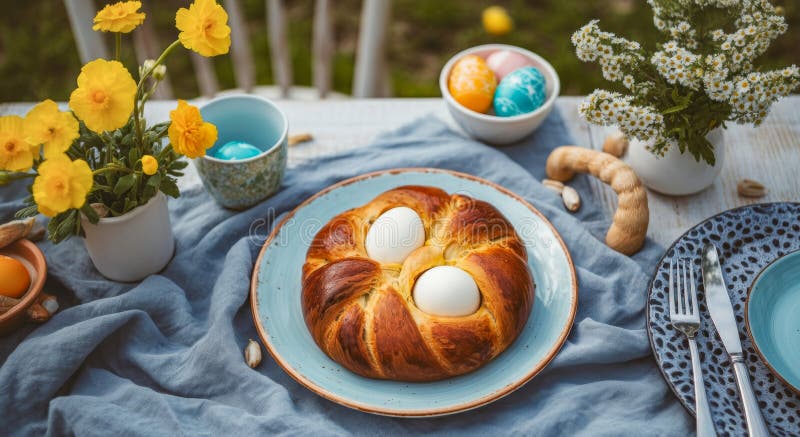 Festive Greek Easter Bread Tsourek with Colored Eggs on Outdoor Spring ...