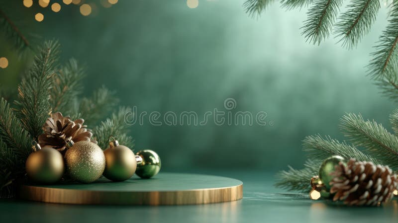 Festive Green Background with Christmas Ornaments and Pine Cones Stock ...
