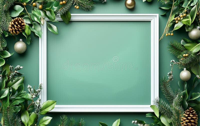 Festive Green Background with White Frame and Holiday Decorations ...
