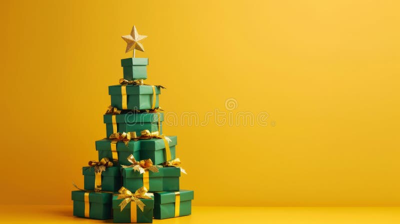 Festive Green Gift Boxes Stack Forming Christmas Tree with Gold Ribbon ...