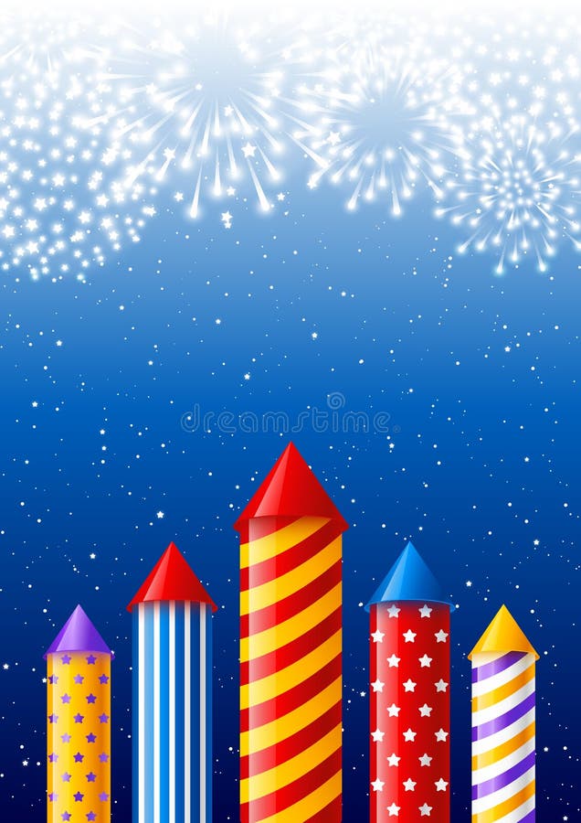 Festive Greeting Card with Fireworks and Rockets on Starry Night Sky ...