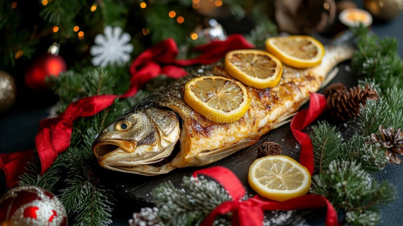 Festive Grilled Fish Dish with Lemon Slices and Christmas Decorations ...