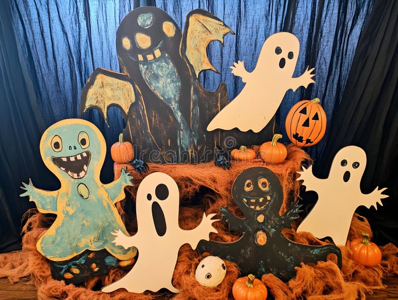 A Festive Halloween Display Featuring Colorful Ghost Cutouts and ...