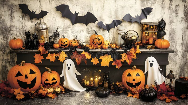 A Festive Halloween Display with Pumpkins, Ghosts, Bats, and Autumn ...