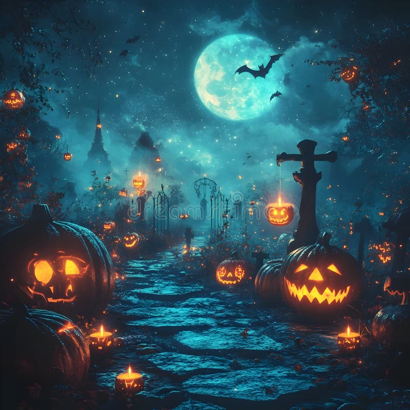 Festive Halloween Decor in a Suburban Neighborhood at Night with Modern ...