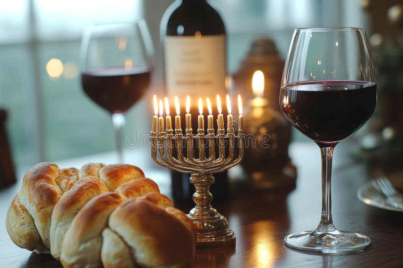 Festive Hanukkah Celebration with Menorah, Wine, and Challah Bread on ...