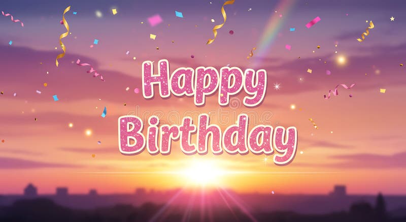 Festive Happy Birthday Message at Sunset with Confetti and Rainbow ...