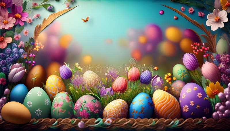 Festive Happy Easter Scene with a Flower Border and Colorful Eggs ...
