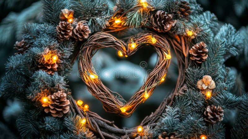 Festive Heart Shaped Wreath with Pine Cones and Lights Stock ...