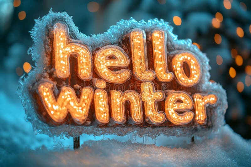 Festive Hello Winter Sign with Glowing Lights and Snow Background Stock ...