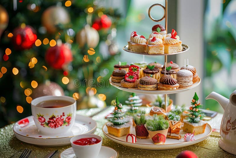 Festive High Tea Elegance. a Three-tiered Server Filled with Delectable ...