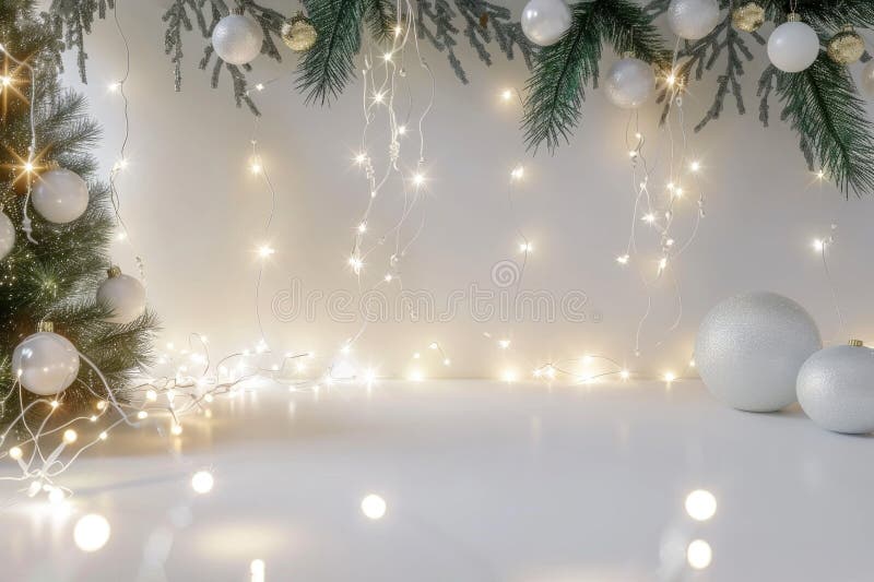 Festive Holiday Background with Christmas Greenery and Bokeh Lights ...
