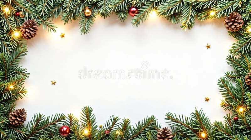 Festive Holiday Background with Pine Branches, Ornaments, Pinecones ...