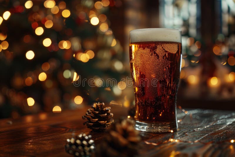 Festive Holiday Beer with Christmas Lights and Pinecones on Rustic ...