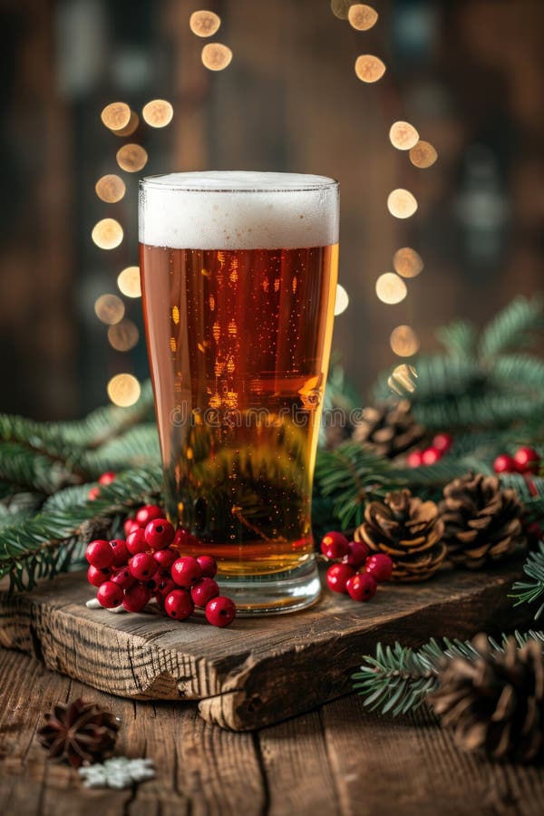 Festive Holiday Beer with Christmas Lights and Pinecones on Rustic ...
