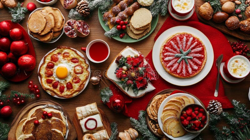 A Festive Holiday Breakfast Spread Featuring Pancakes, Fruit, and a ...