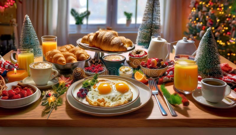 Festive Holiday Breakfast Table with Pastries and Scrambled Eggs for ...
