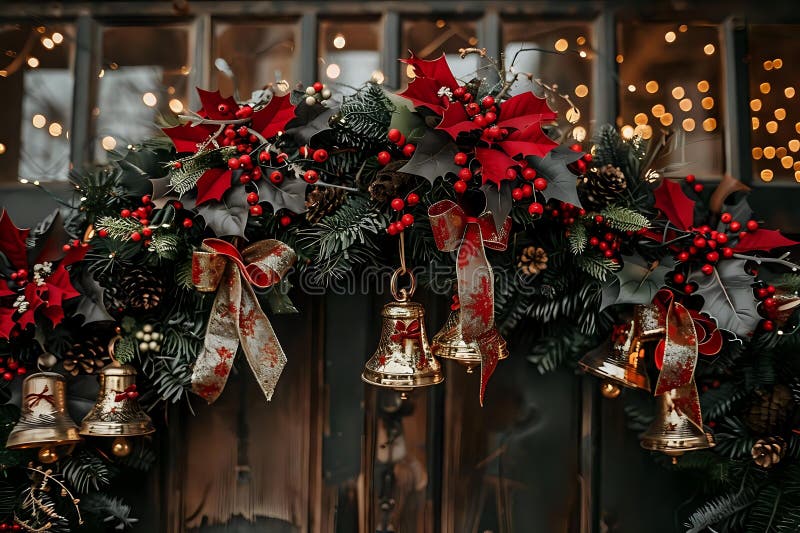 Festive Holiday Decor: Bells, Ribbon, Greenery, and Red Berries Stock ...