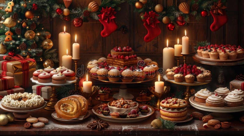 Festive Holiday Dessert Table with Decorations - Generative Ai Stock ...