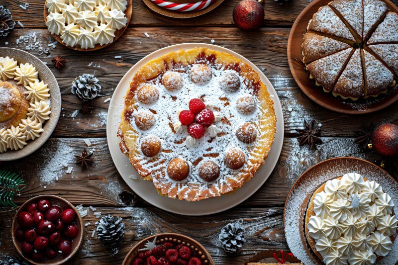 Festive Holiday Dessert Table, Top View Cheesecakes, Fruit Toppings ...