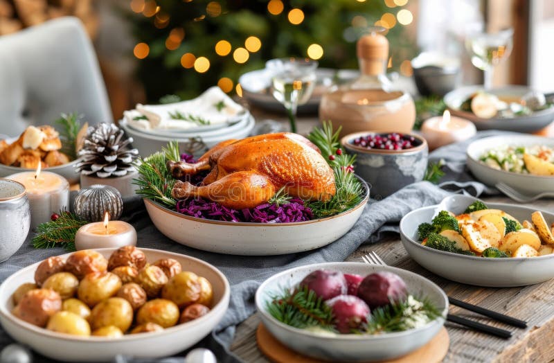 Festive Holiday Dinner Spread with Roast Chicken, Vegetables, and Side ...
