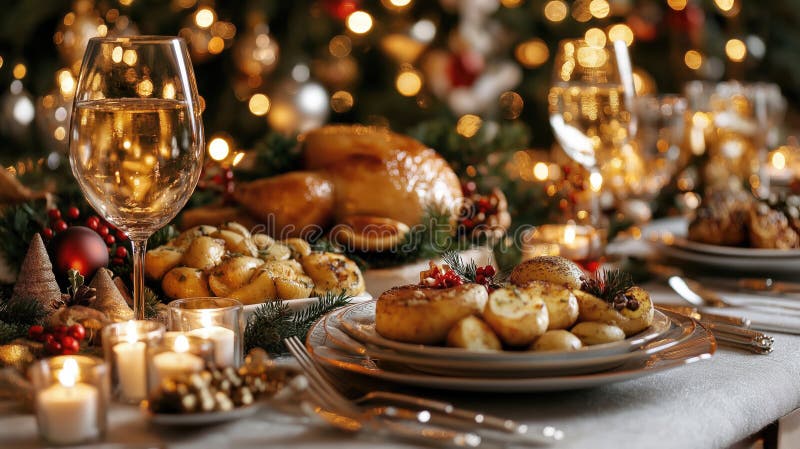 Festive Holiday Dinner Table with Roast Turkey and Potatoes Under Warm ...