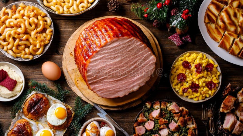 Festive Holiday Dinner Table Set with Glazed Ham, Baked Goods, and Side ...