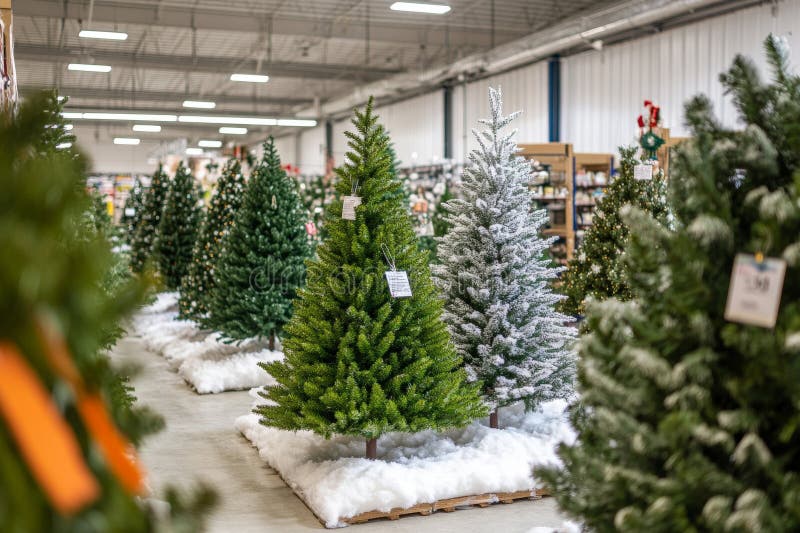 Festive Holiday Display of Artificial Christmas Trees in Store Aisle ...