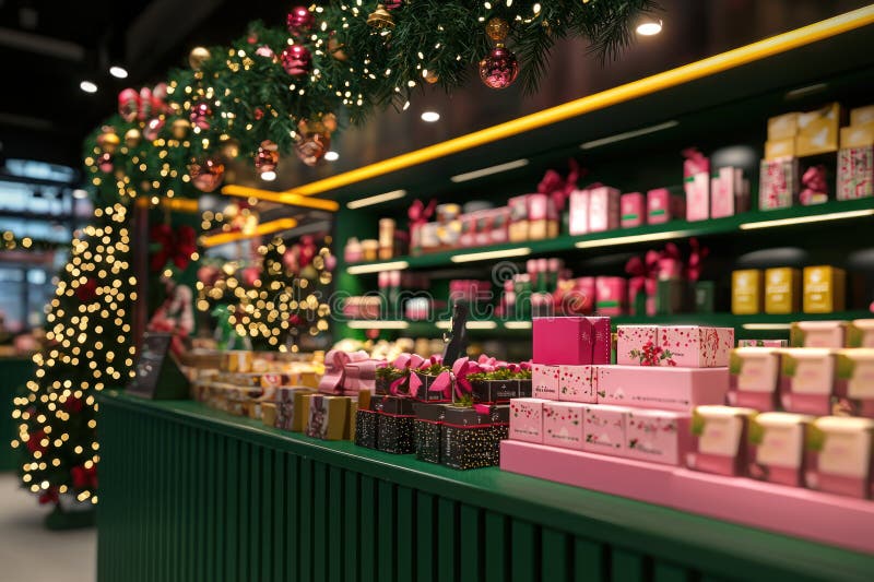 Festive Holiday Display with Colorful Products and Decorations Stock ...