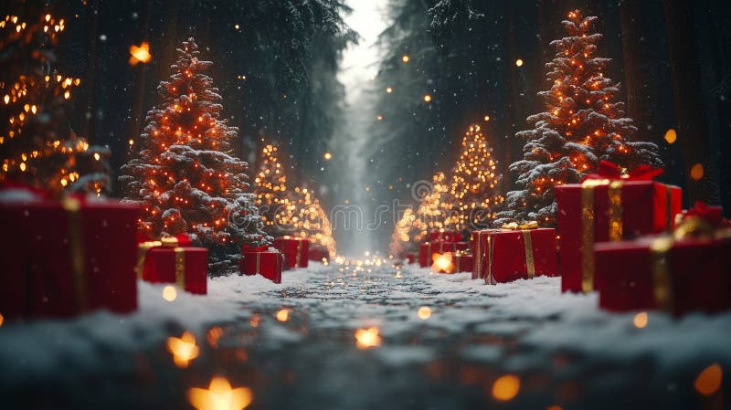 A Festive Holiday Display with Decorated Christmas Trees and Glowing ...