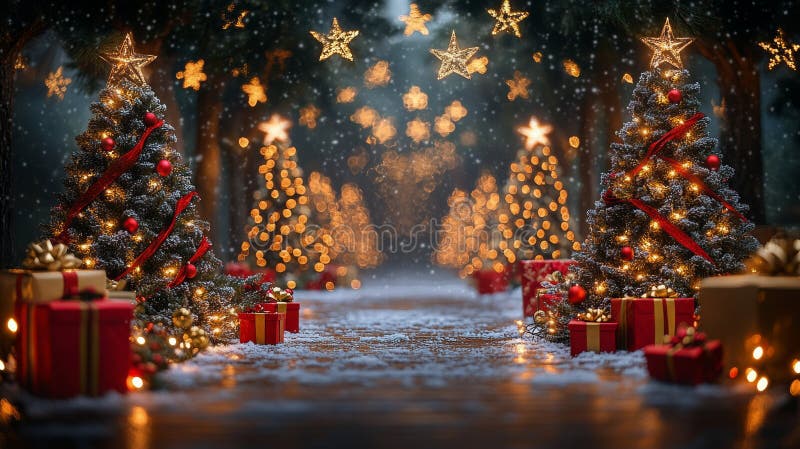 A Festive Holiday Display with Decorated Christmas Trees and Glowing ...