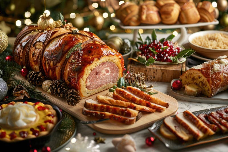 Festive Holiday Feast with Glazed Ham and Assorted Holiday Dishes Stock ...