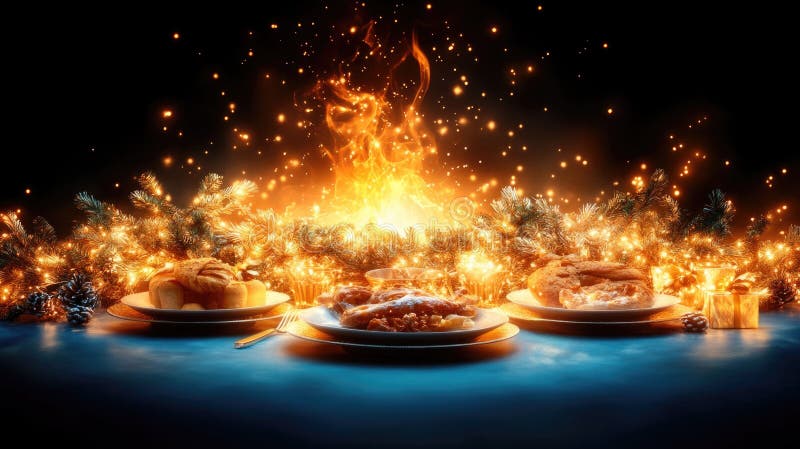 Festive Holiday Feast with Glowing Fire and Seasonal Decorations Stock ...