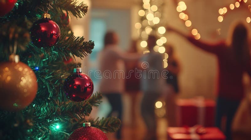Festive Holiday Gathering with Christmas Tree and Decorations Stock ...